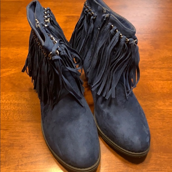 Pierre Dumas | Shoes | Navy Blue Fringed Heel Booties | Poshmark